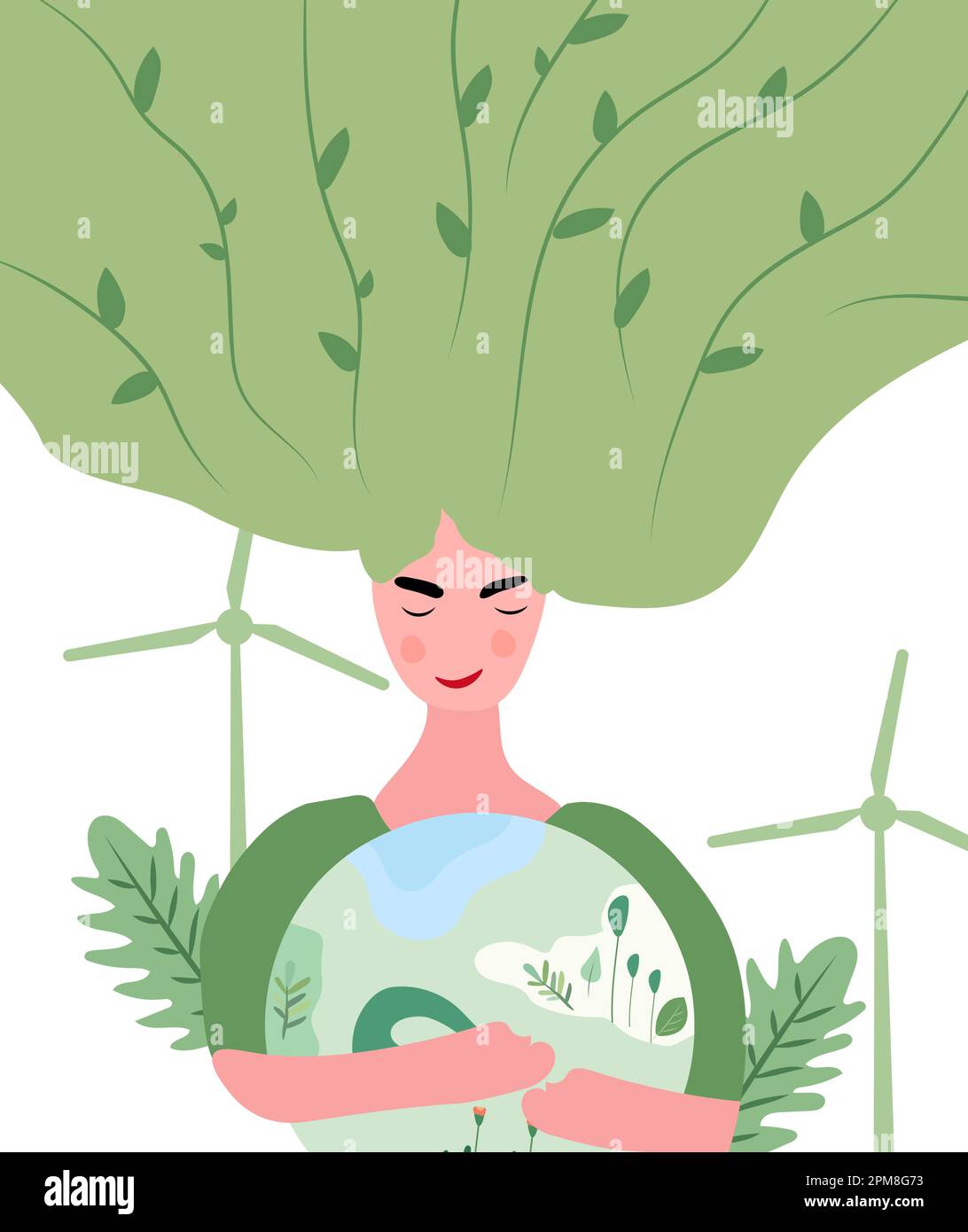 Lady cherishes verdant globe with affection. Vector art for Earth Day ...