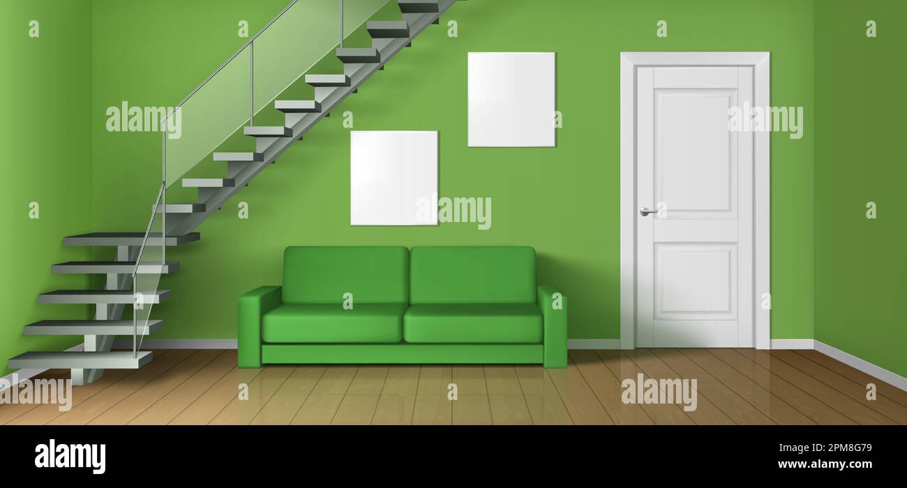 Empty living room with sofa, staircase and white closed door. Vector ...