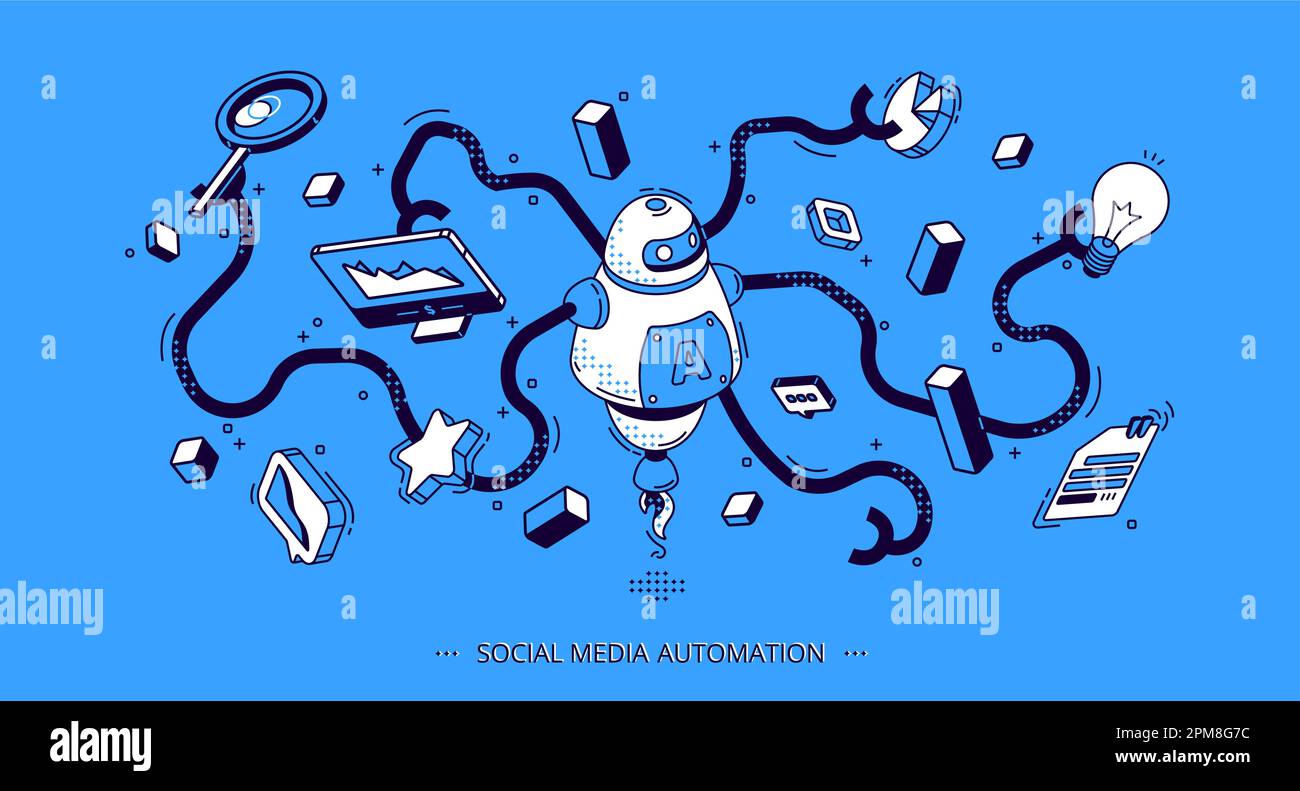 Social media automation isometric banner. Internet technology tools for ...