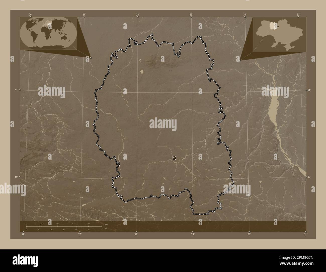 Zhytomyr, region of Ukraine. Elevation map colored in sepia tones with ...