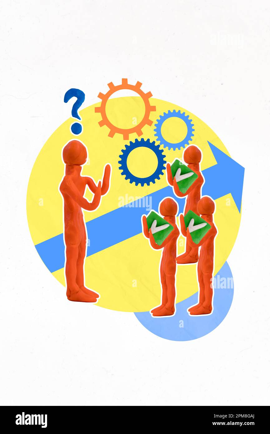 Vertical collage image of plasticine people question mark check mark ...