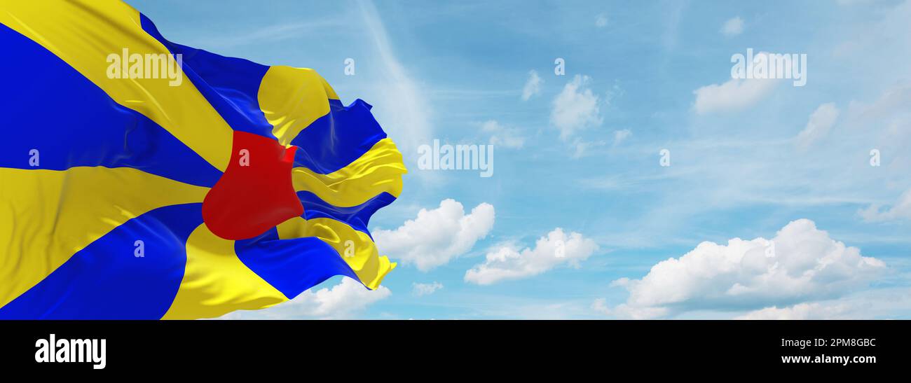 flag of Dutch peoples West Flanders at cloudy sky background, panoramic ...