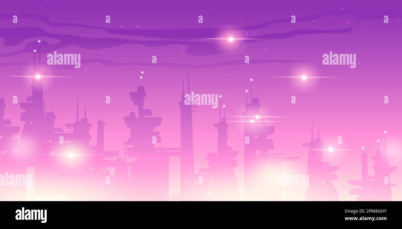 Future city, night town with skyscrapers with lights. Vector cartoon ...