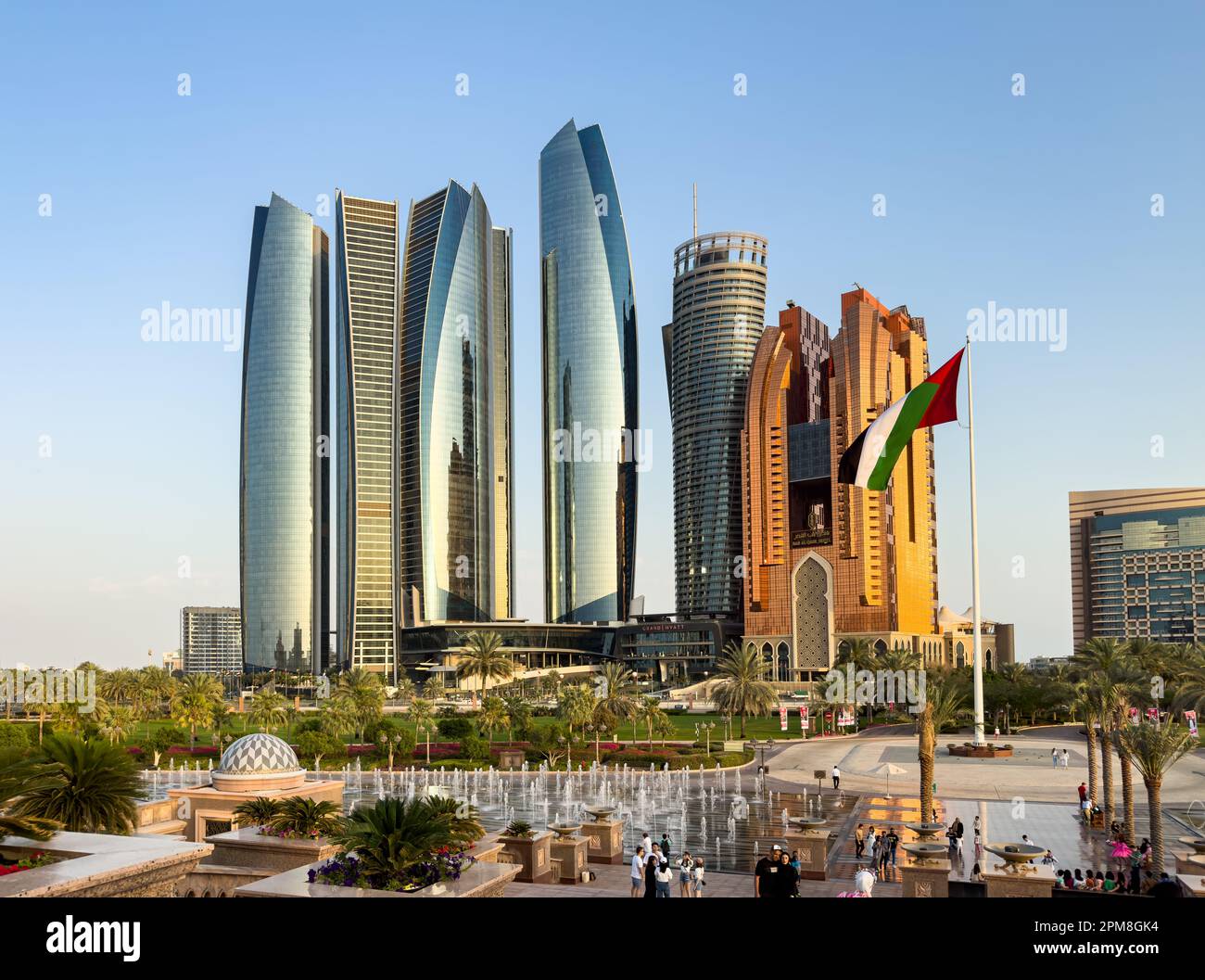 Abu Dhabi skyline with Etihad Towers as seen from Emirates Palace at ...
