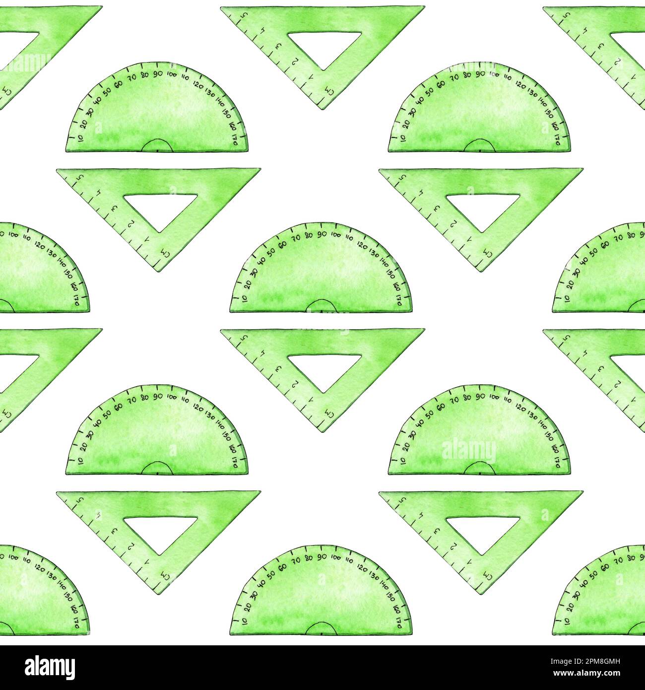 Watercolor illustration of pavtern of green plastic measuring rulers ...