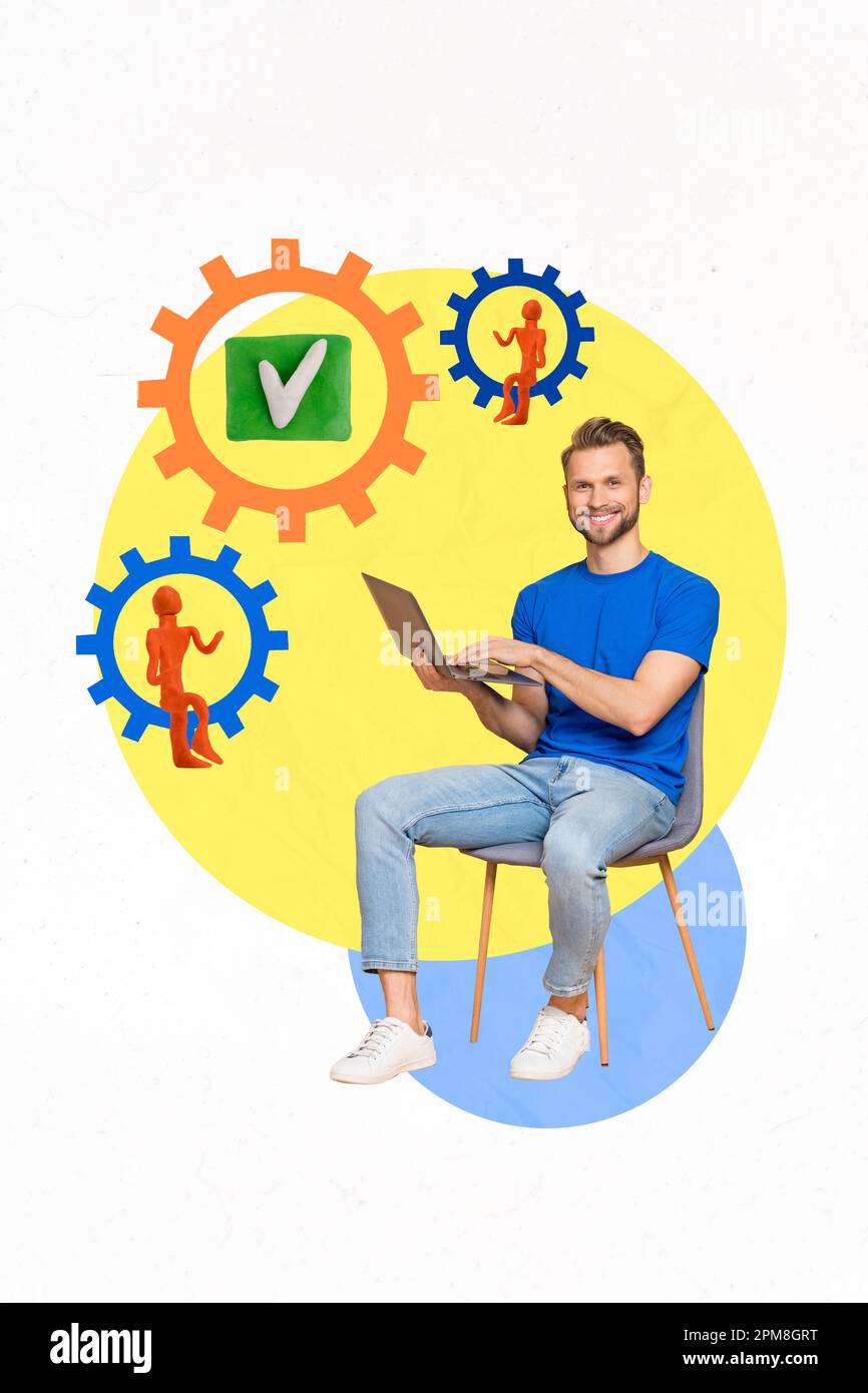 Vertical collage picture of positive guy sit chair use netbook ...