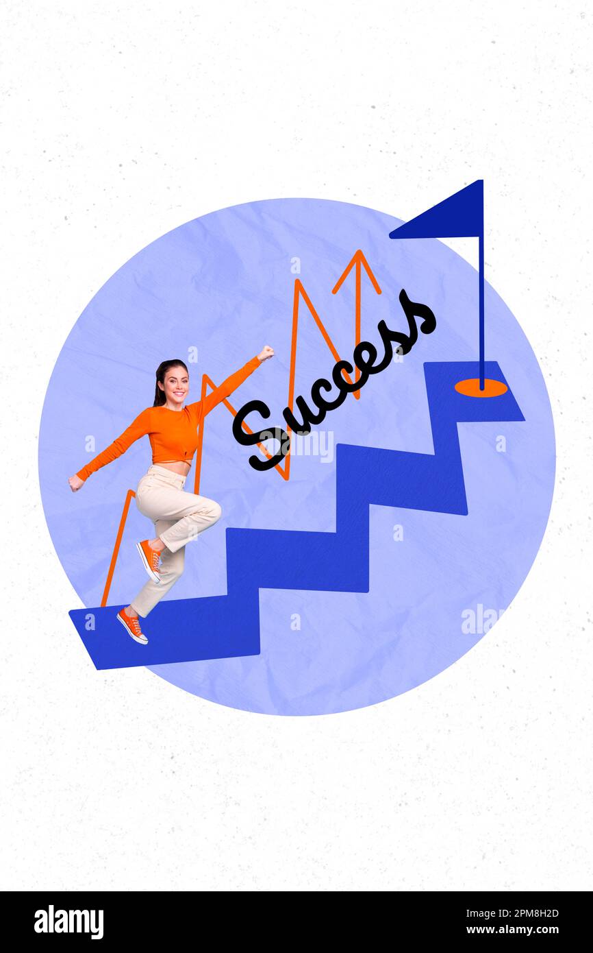 Vertical collage picture of excited positive mini girl run climb stairs ...