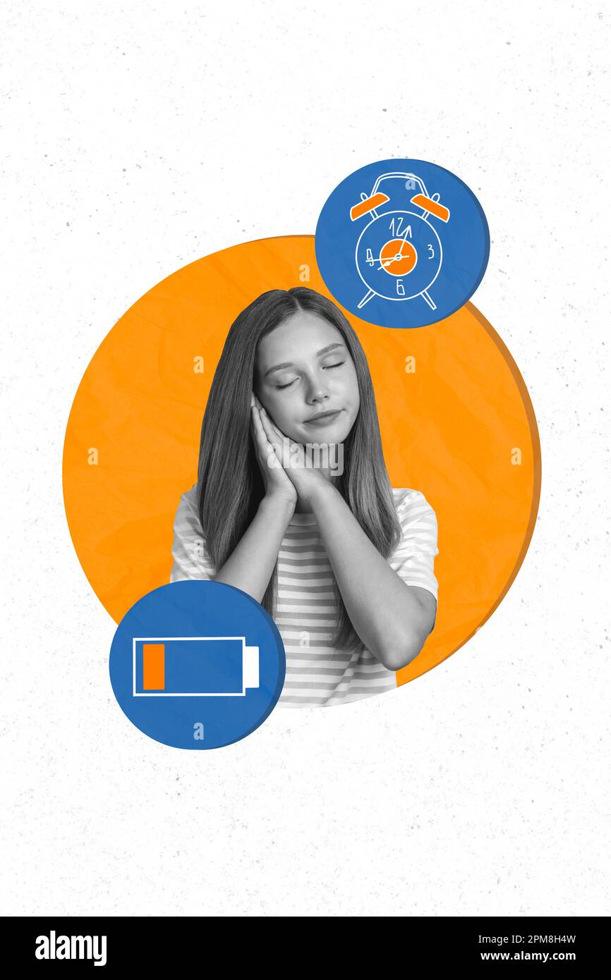 Vertical collage picture of black white effect girl hands under cheek ...