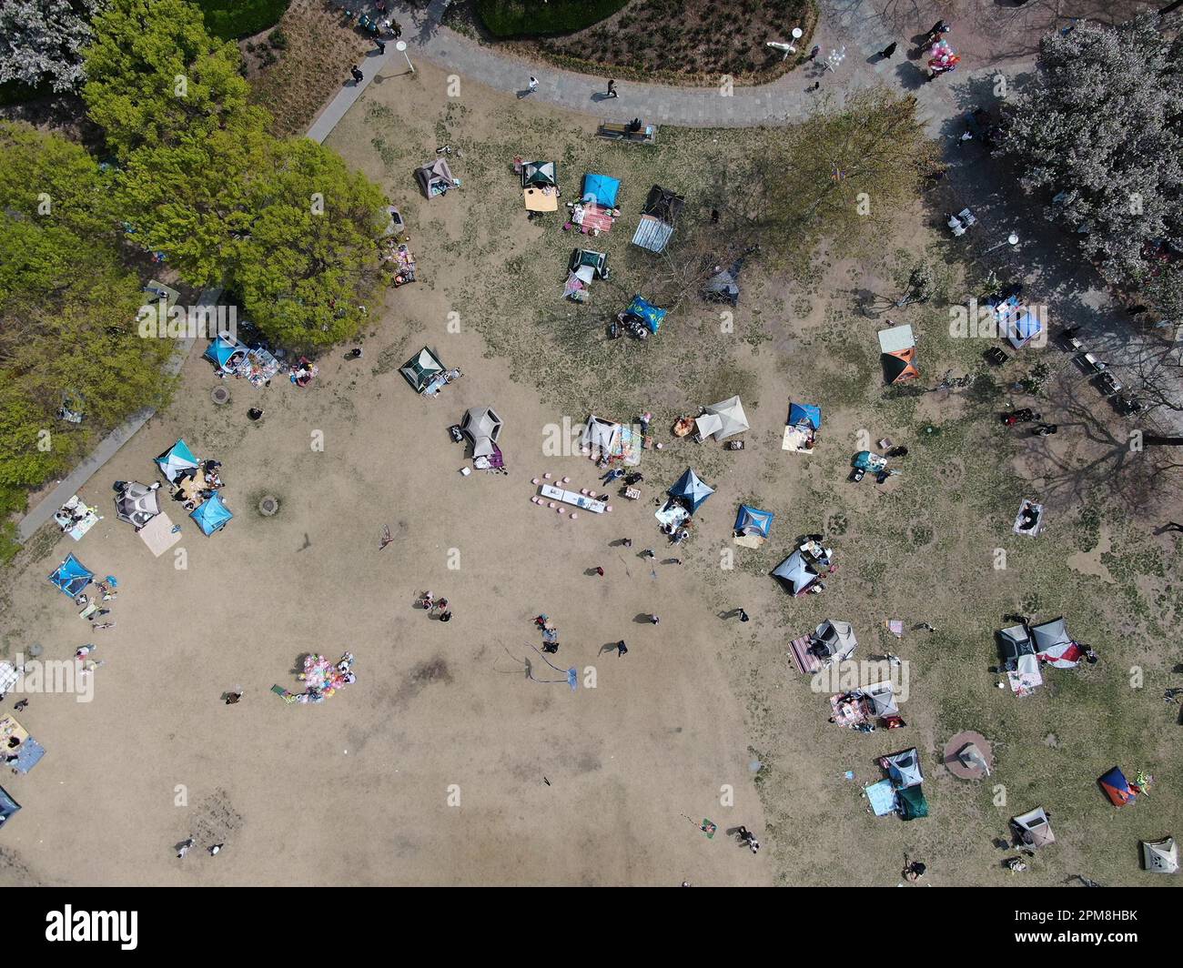 Aerial photo shows people spending weekends in tents at Taifeng Park in ...