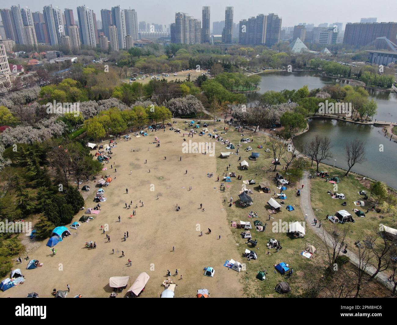 Aerial photo shows people spending weekends in tents at Taifeng Park in ...