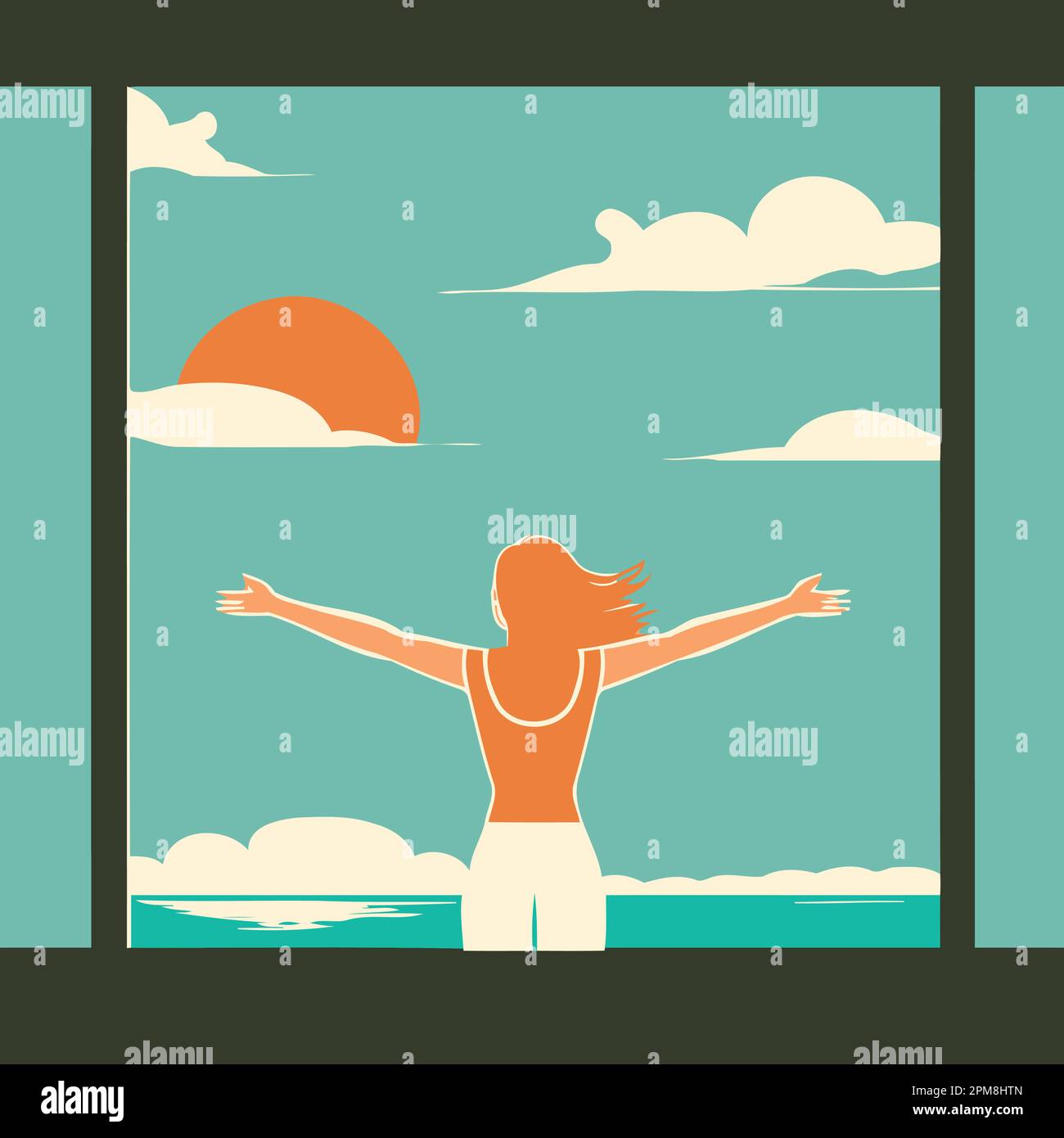 woman enjoying summer with open arms minimalist vector illustration ...
