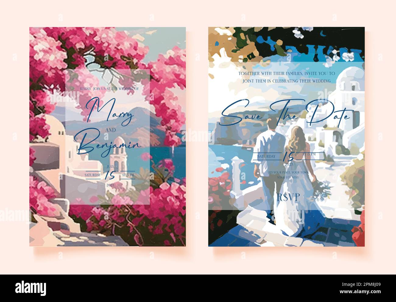 Set of wedding invitation with hand drawn watercolor spring pink ...