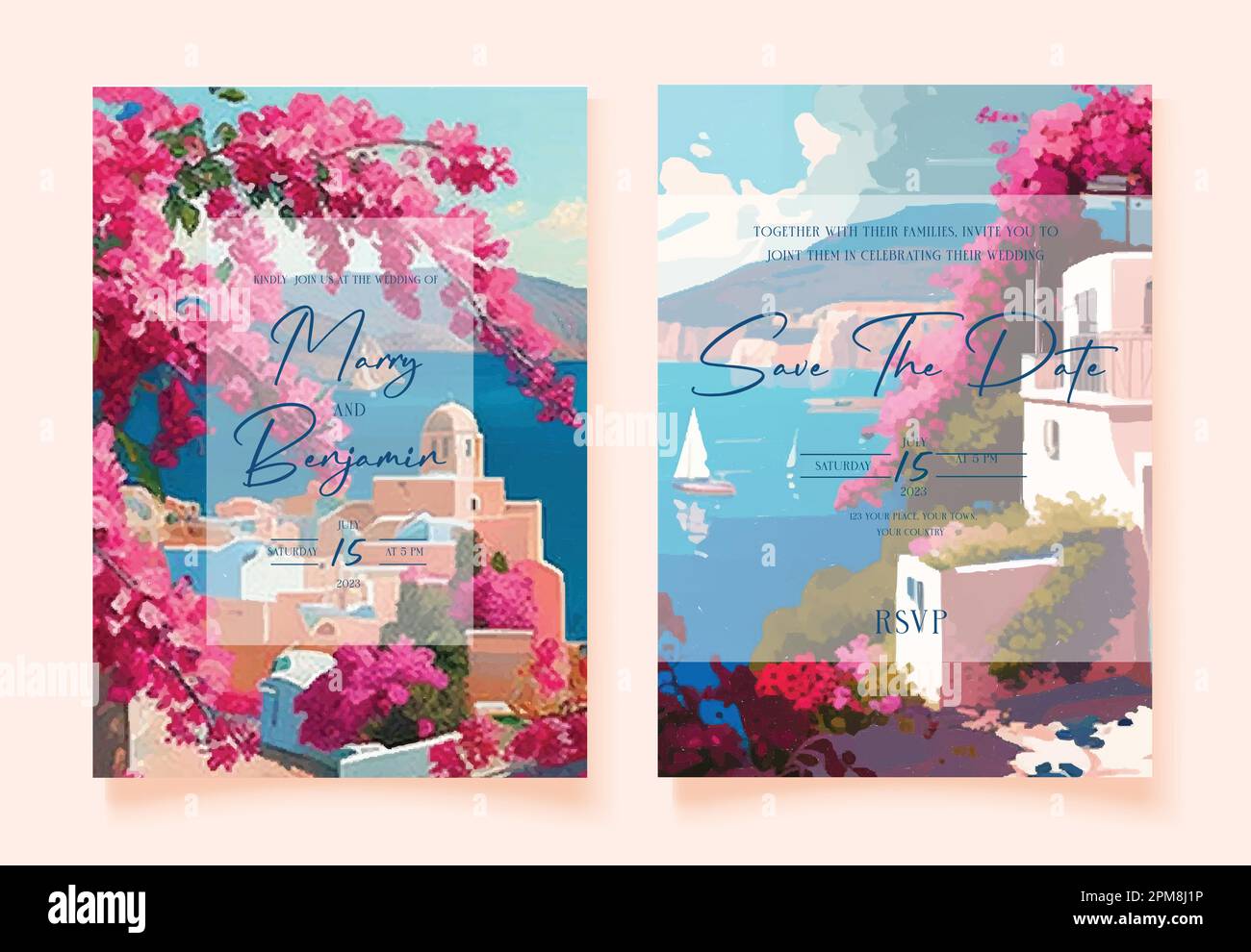 Set of wedding invitation with hand drawn watercolor spring pink ...