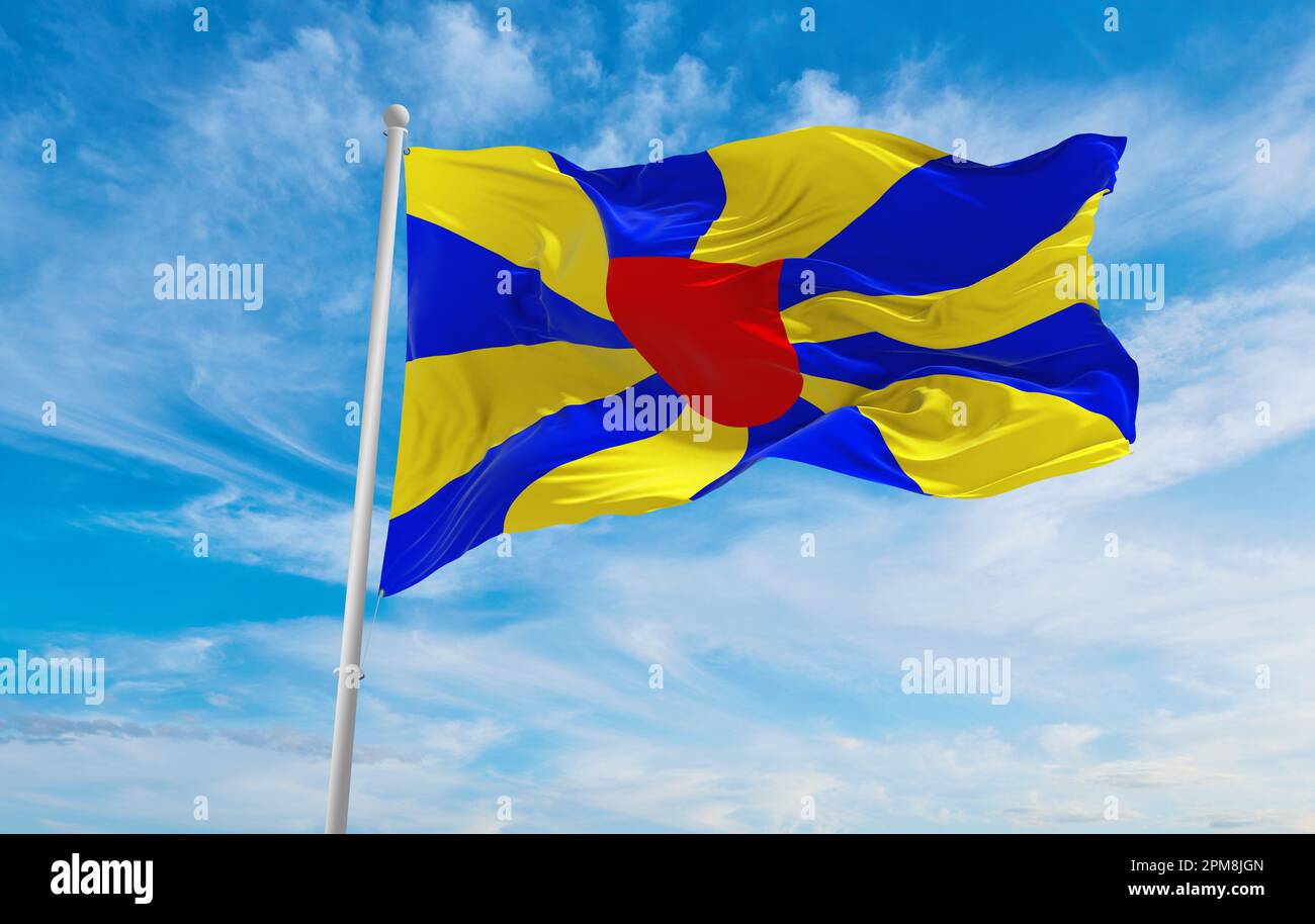 flag of Dutch peoples West Flanders at cloudy sky background, panoramic ...