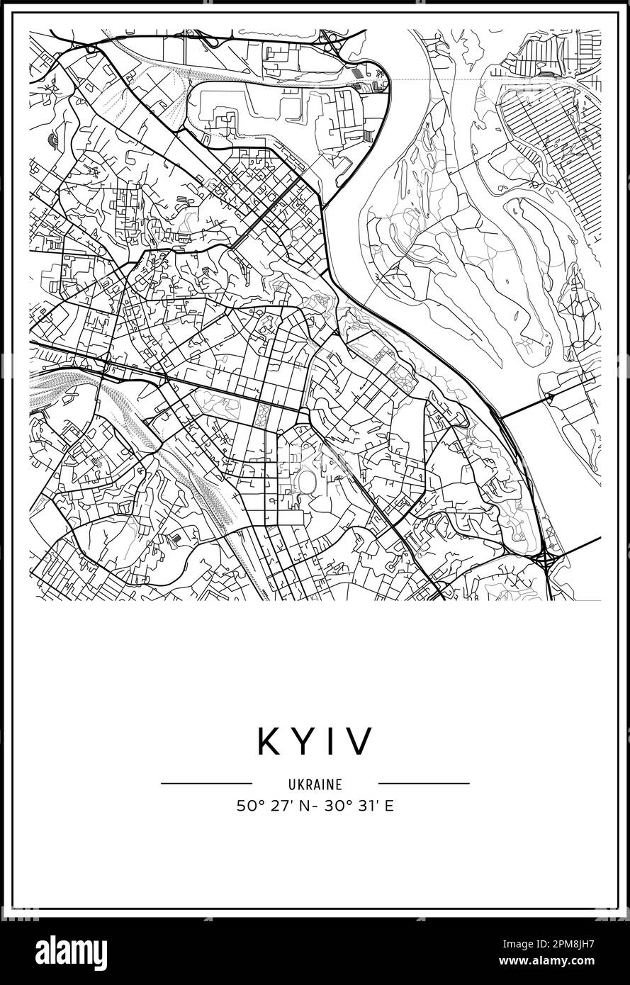Black and white printable Kyiv city map, poster design, vector ...