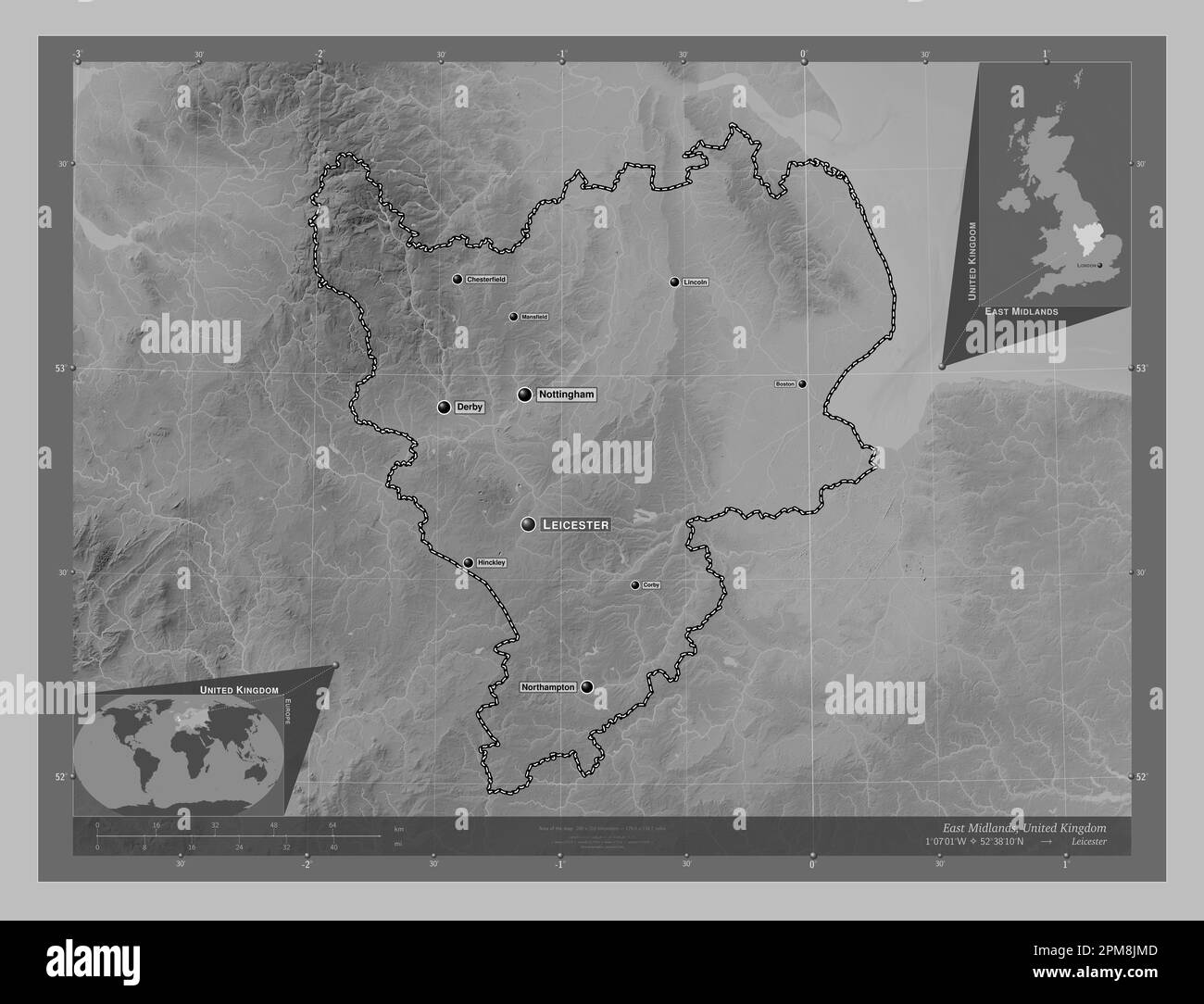 East Midlands, region of United Kingdom. Grayscale elevation map with ...