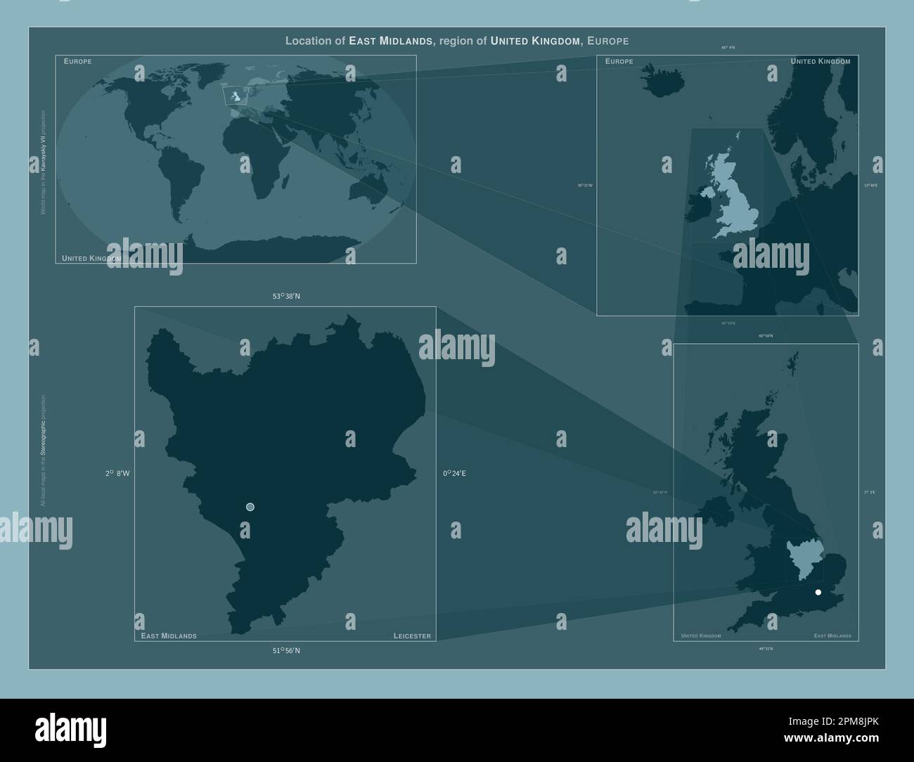 East Midlands, region of United Kingdom. Diagram showing the location ...