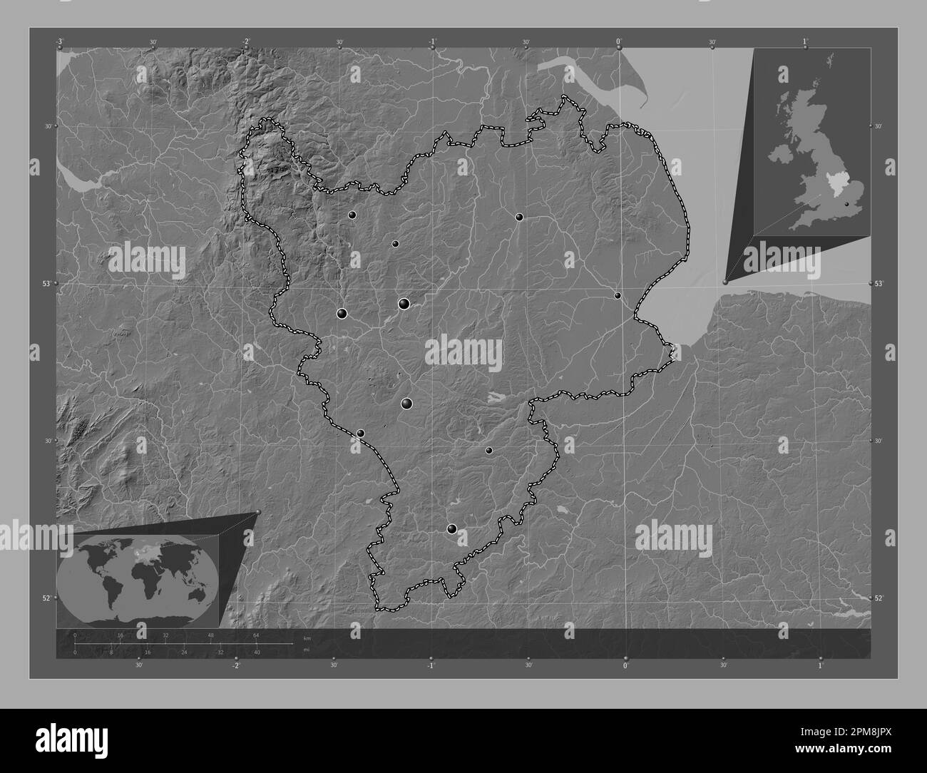 East Midlands, region of United Kingdom. Bilevel elevation map with ...