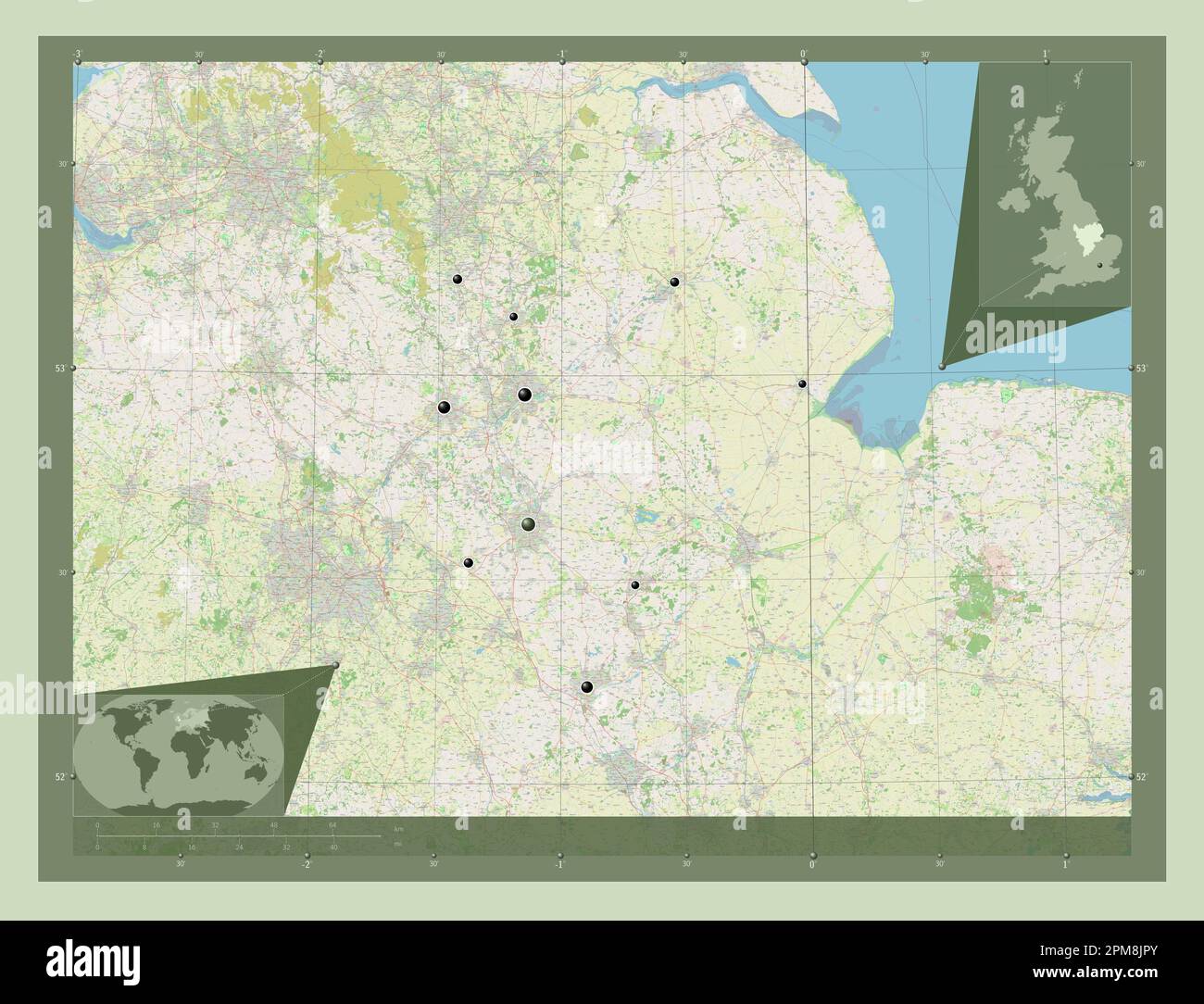 East Midlands, region of United Kingdom. Open Street Map. Locations of ...
