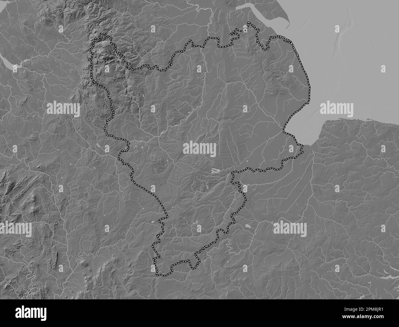 East Midlands, region of United Kingdom. Bilevel elevation map with ...