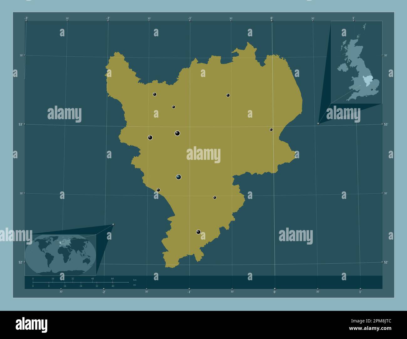 East Midlands, region of United Kingdom. Solid color shape. Locations ...