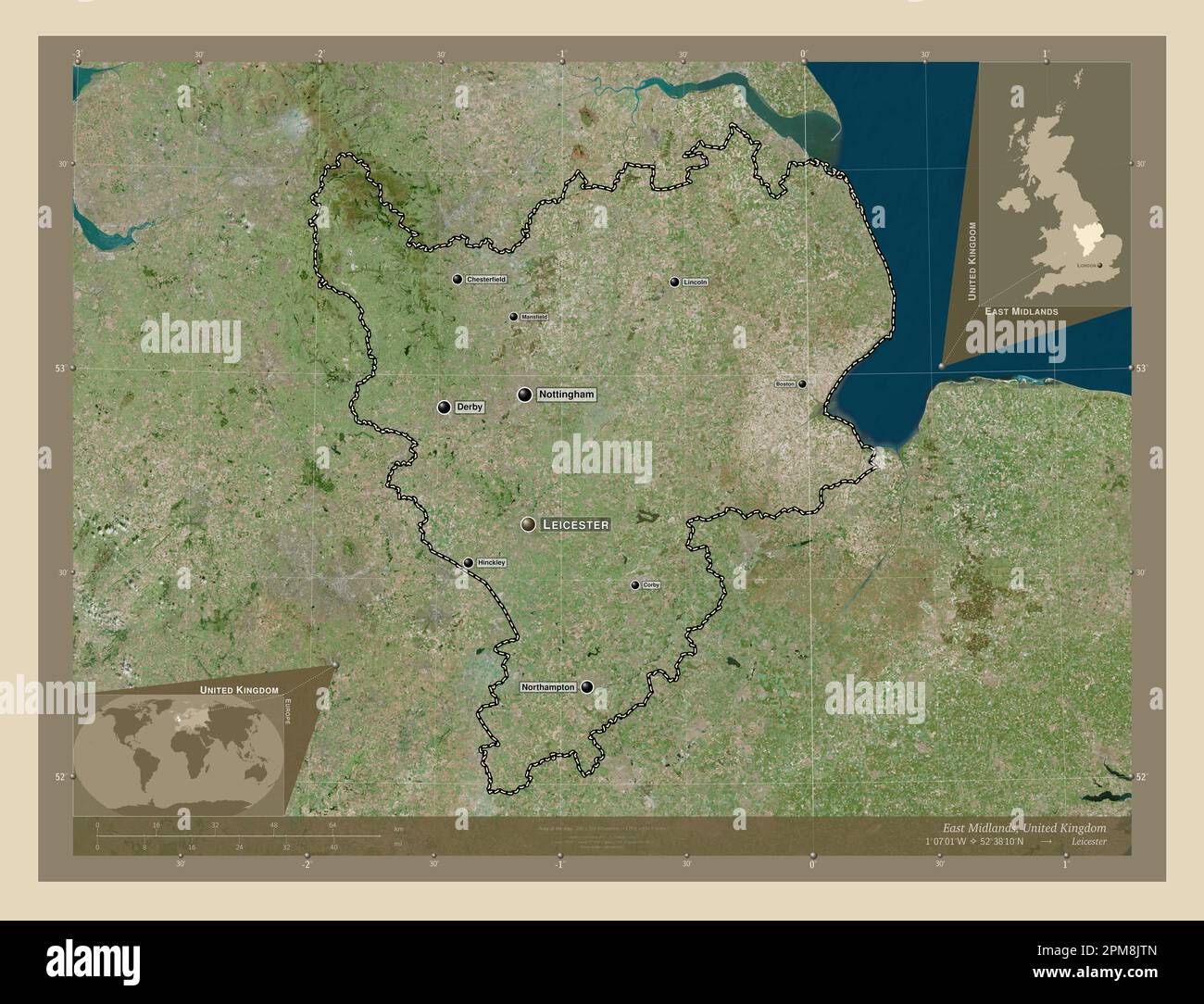 East Midlands, region of United Kingdom. High resolution satellite map ...