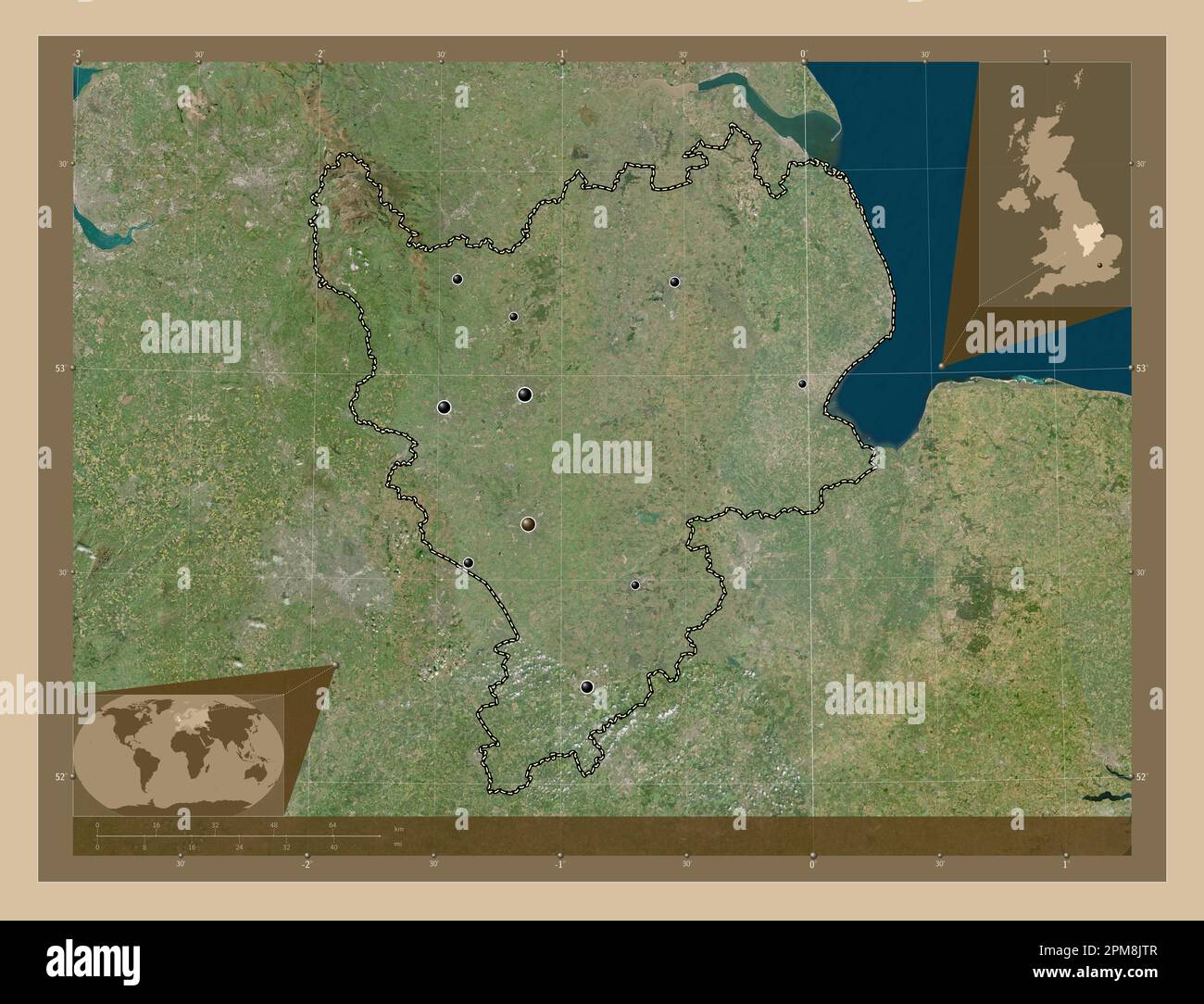 East Midlands, region of United Kingdom. Low resolution satellite map ...