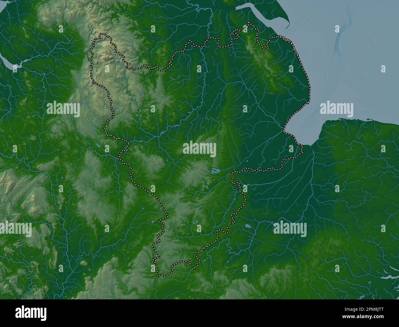 East Midlands, region of United Kingdom. Colored elevation map with ...