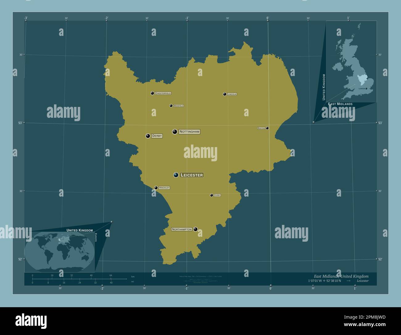 East Midlands, region of United Kingdom. Solid color shape. Locations ...