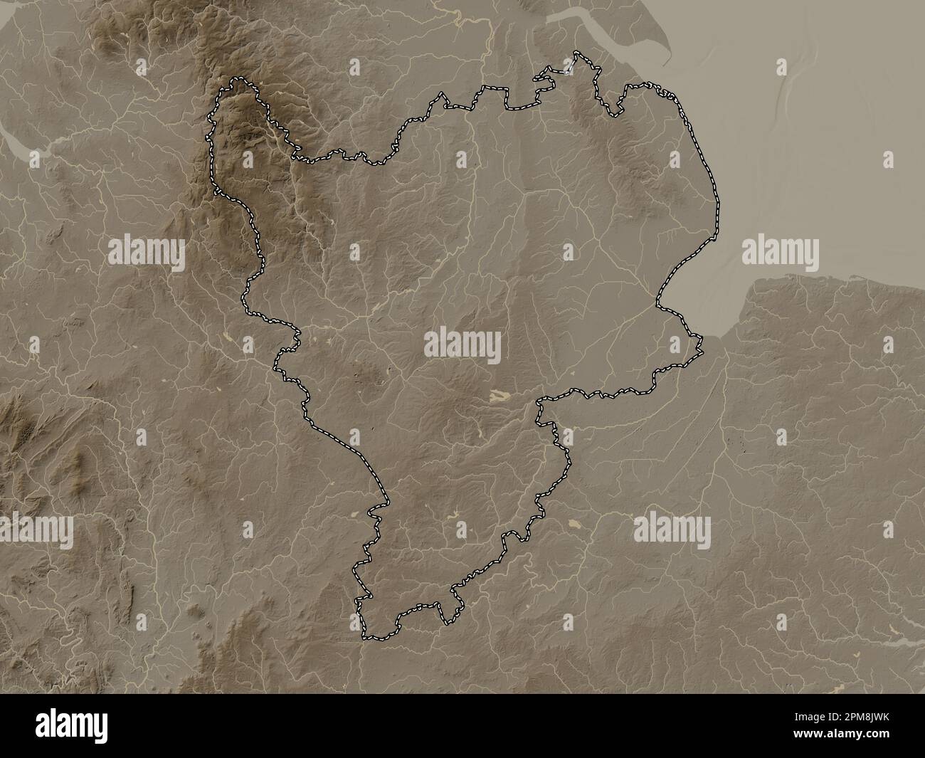 East Midlands, region of United Kingdom. Elevation map colored in sepia ...