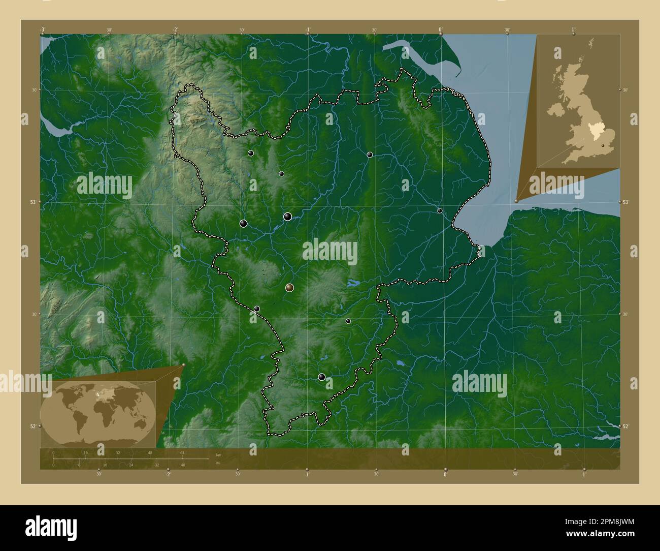 East Midlands, region of United Kingdom. Colored elevation map with ...