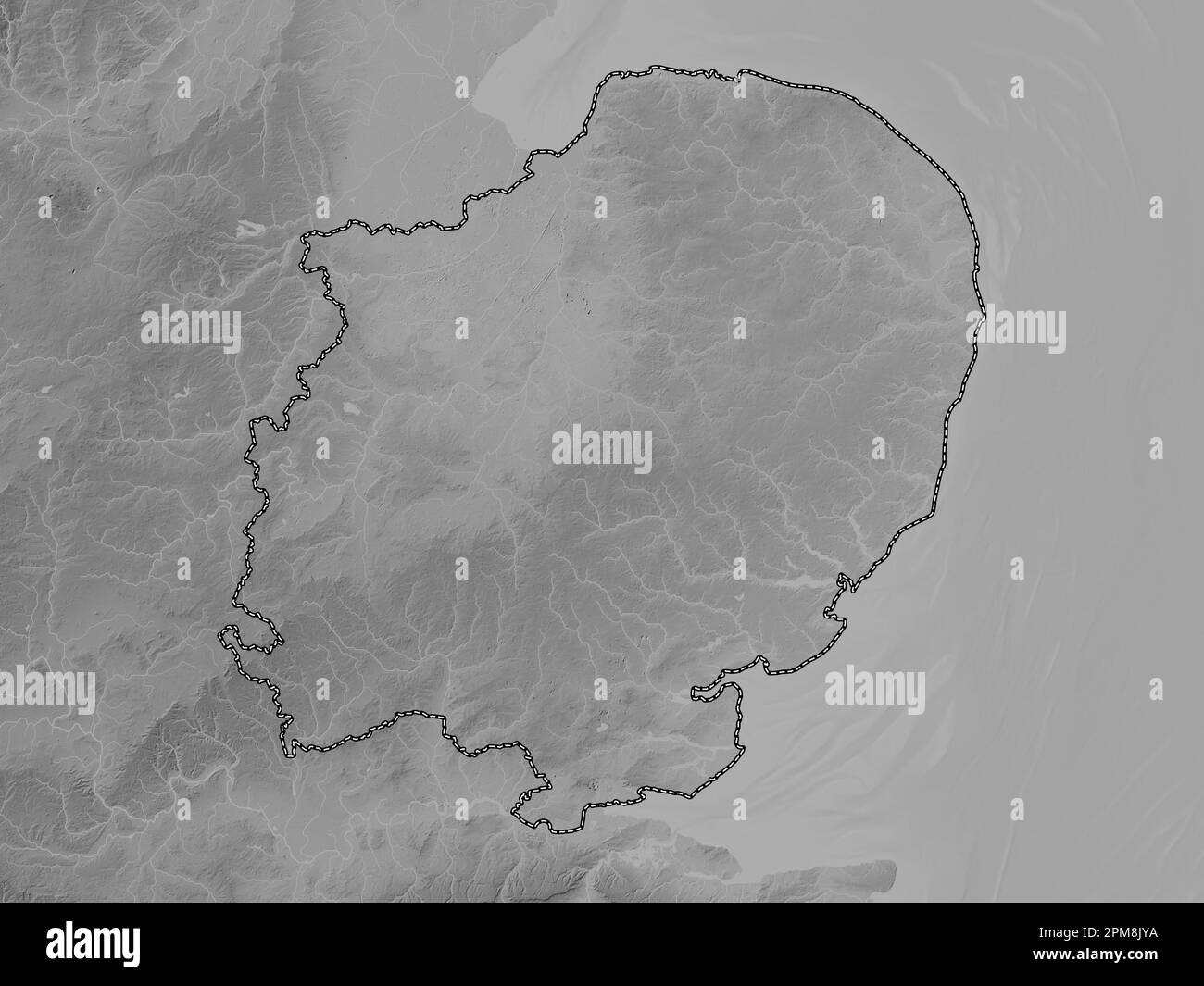 East of England, region of United Kingdom. Grayscale elevation map with ...