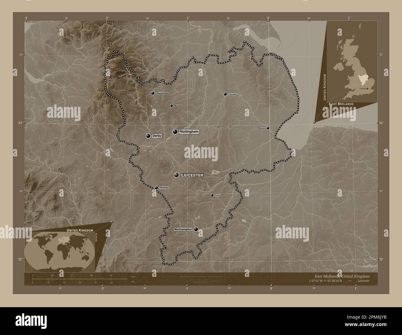 East Midlands, region of United Kingdom. Elevation map colored in sepia ...