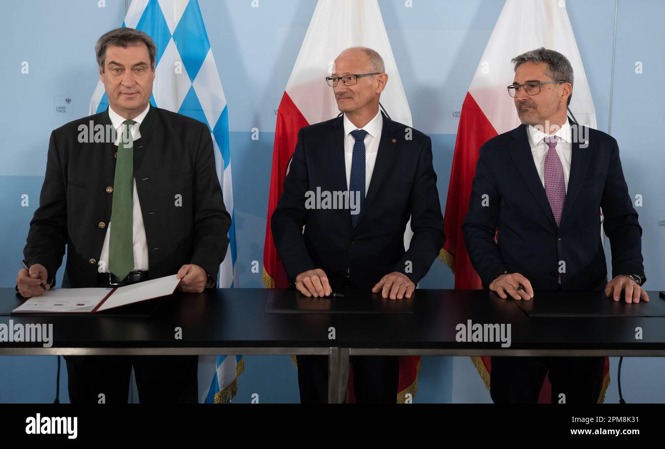 Kufstein, Austria. 12th Apr, 2023. Markus Söder (l-r, CSU), Prime ...