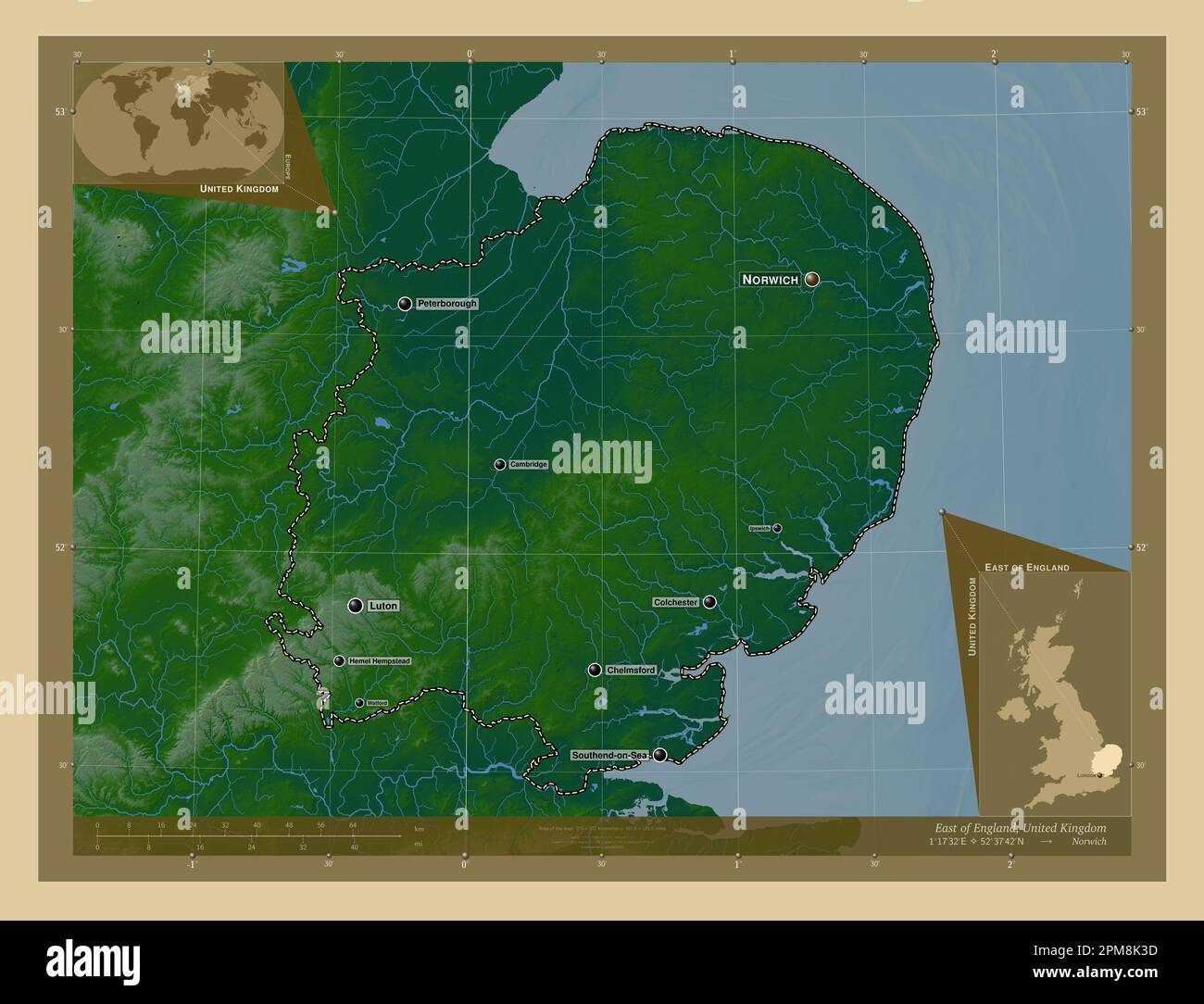 East of England, region of United Kingdom. Colored elevation map with ...