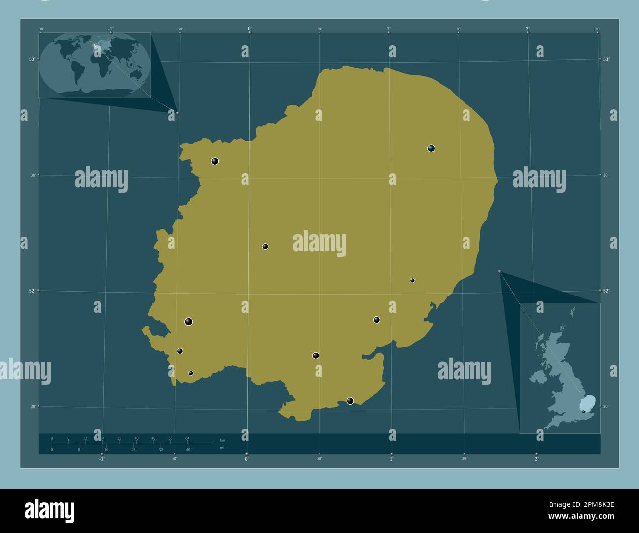 East of England, region of United Kingdom. Solid color shape. Locations ...
