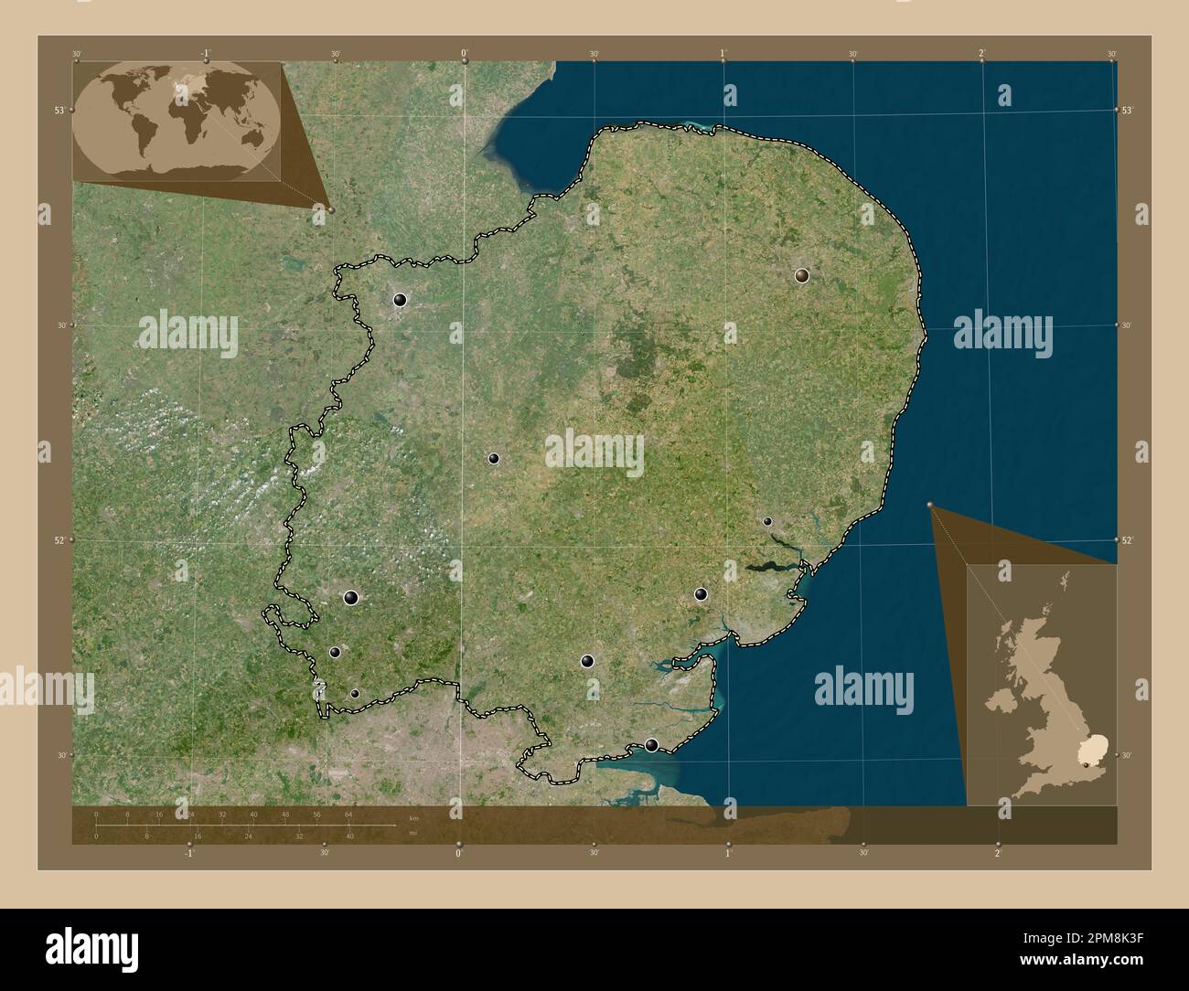 East of England, region of United Kingdom. Low resolution satellite map ...