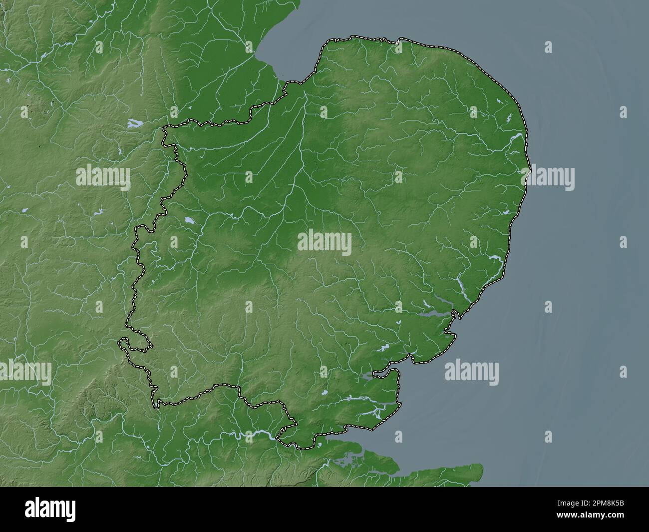 East of England, region of United Kingdom. Elevation map colored in ...