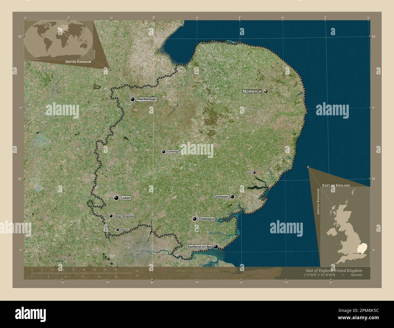 East of England, region of United Kingdom. High resolution satellite ...