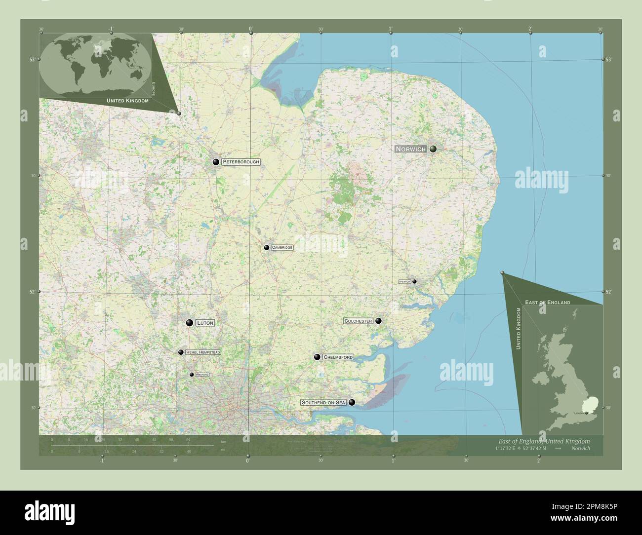 East of England, region of United Kingdom. Open Street Map. Locations ...