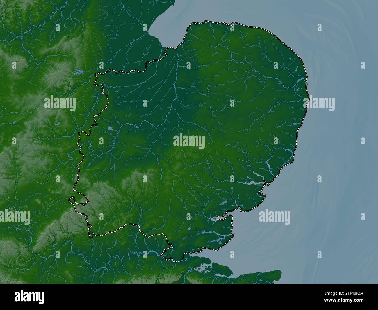 East of England, region of United Kingdom. Colored elevation map with ...