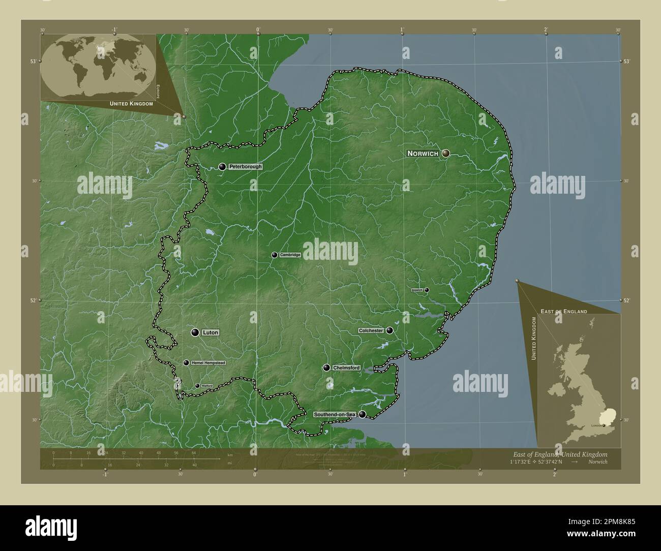 East of England, region of United Kingdom. Elevation map colored in ...