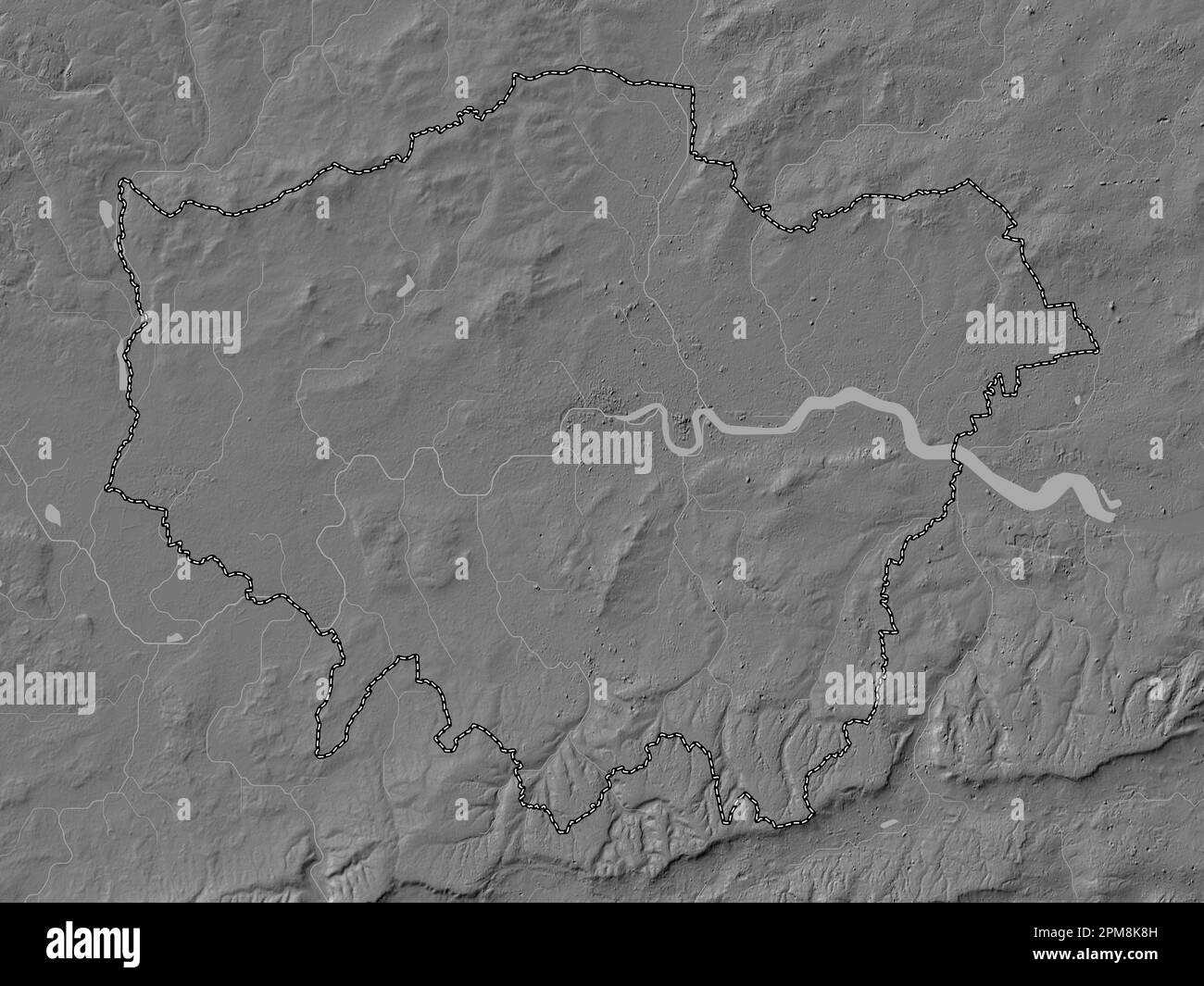 London, region of United Kingdom. Bilevel elevation map with lakes and ...