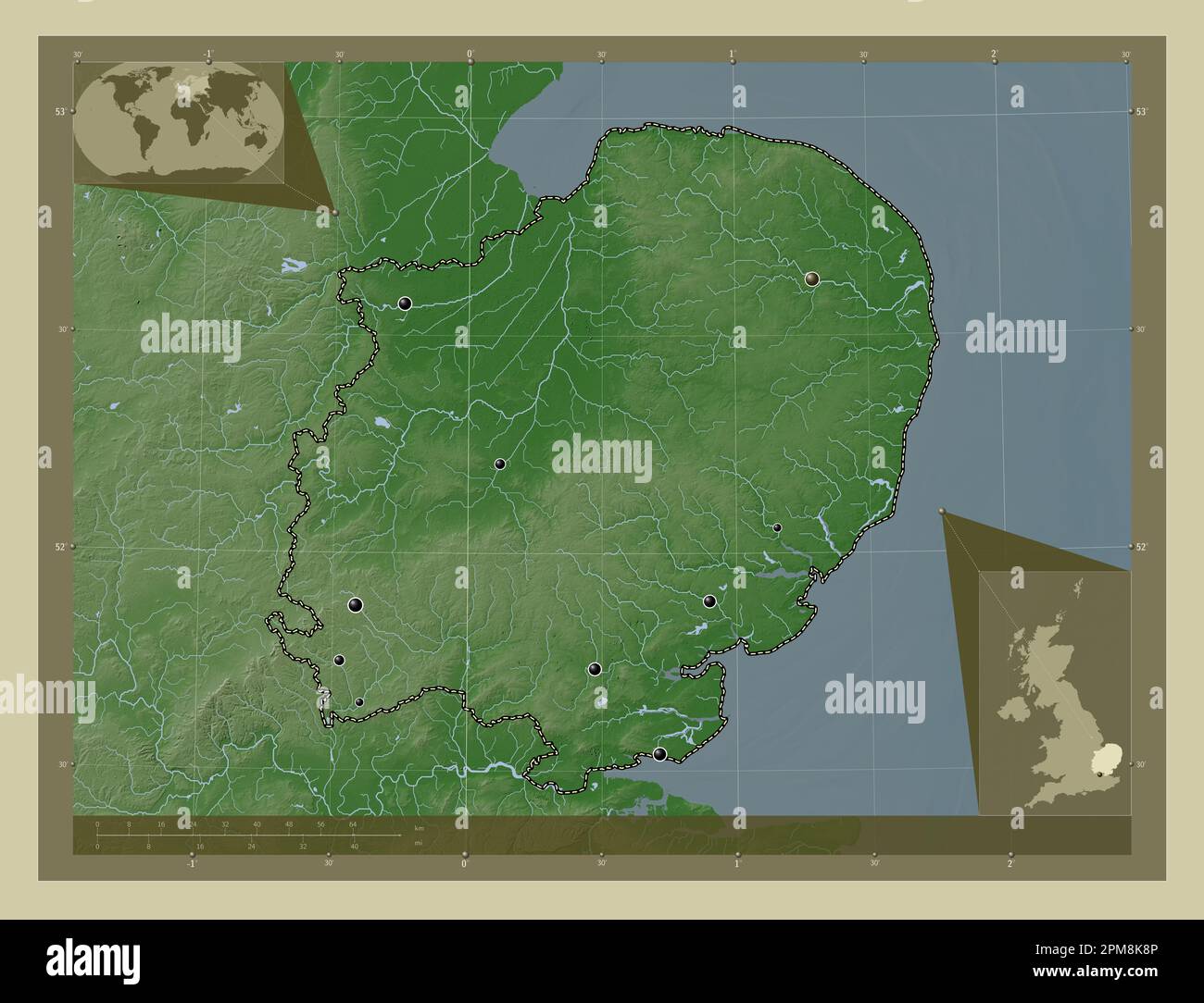 East of England, region of United Kingdom. Elevation map colored in ...