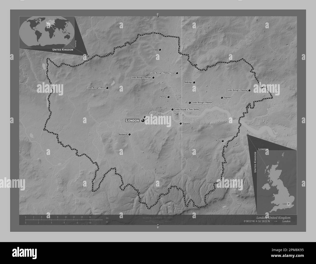 London, region of United Kingdom. Grayscale elevation map with lakes ...