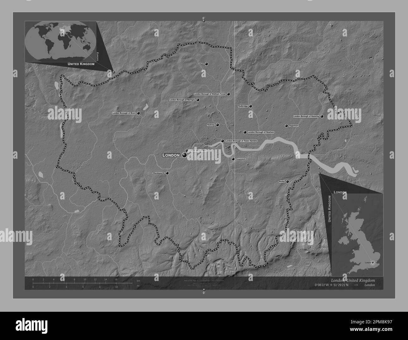 London, region of United Kingdom. Bilevel elevation map with lakes and ...