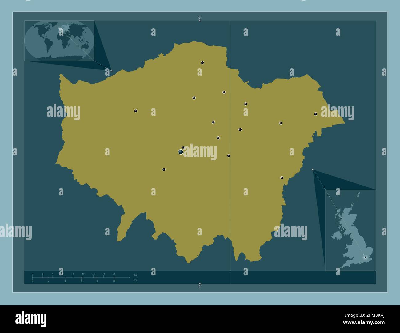London, region of United Kingdom. Solid color shape. Locations of major ...