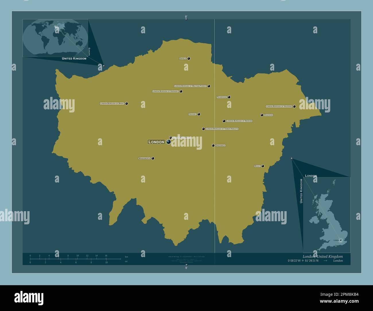 London, region of United Kingdom. Solid color shape. Locations and ...
