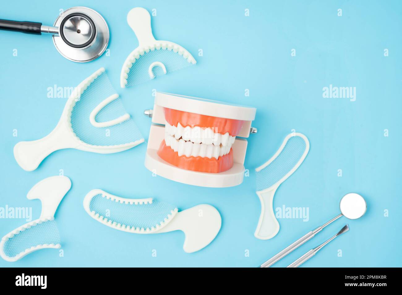 Teeth model and instrument dental on blue background Stock Photo - Alamy