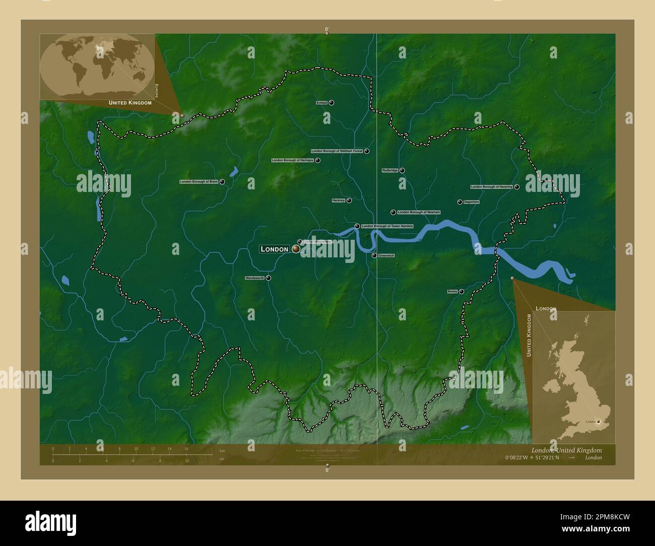 London, region of United Kingdom. Colored elevation map with lakes and ...